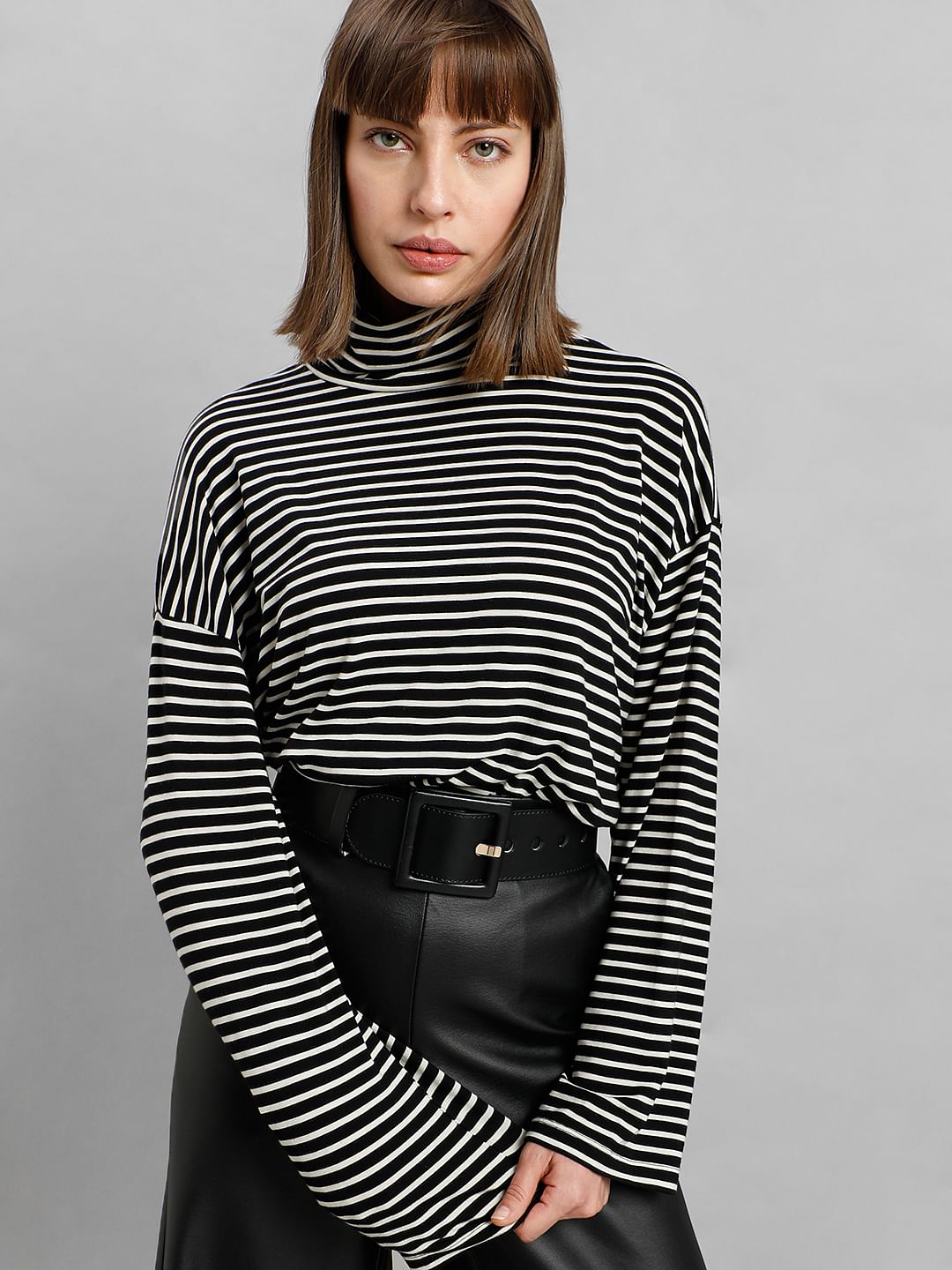 Black Striped Roll Neck Top