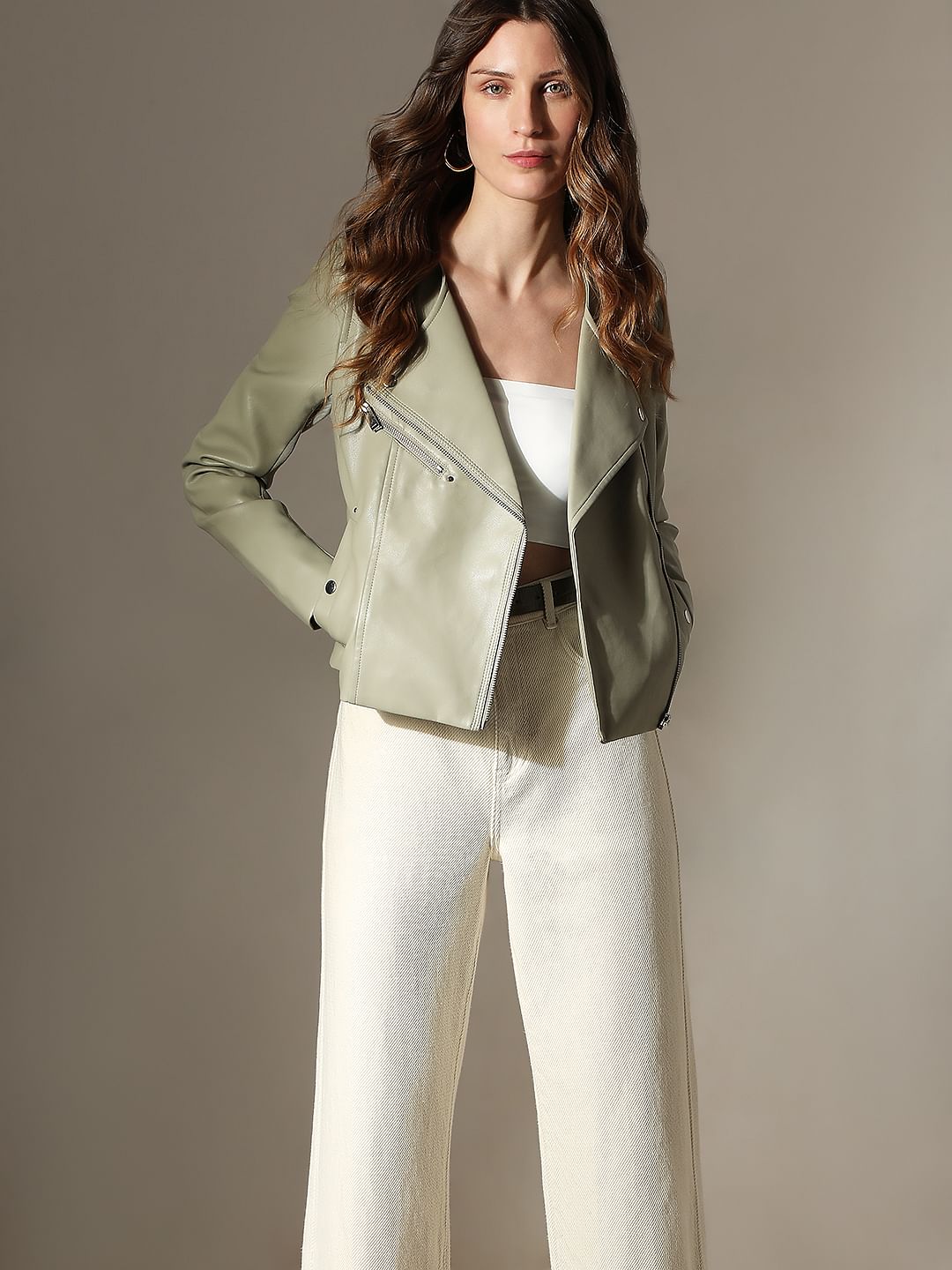 Sage Green PU Biker Jacket