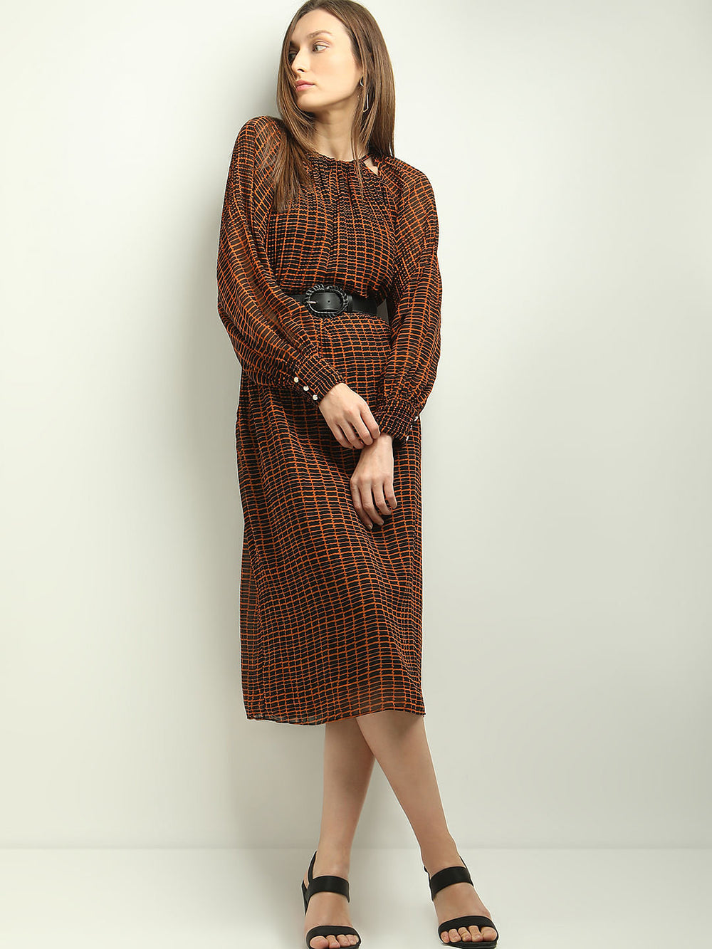Rust Geometric Print Midi Dress