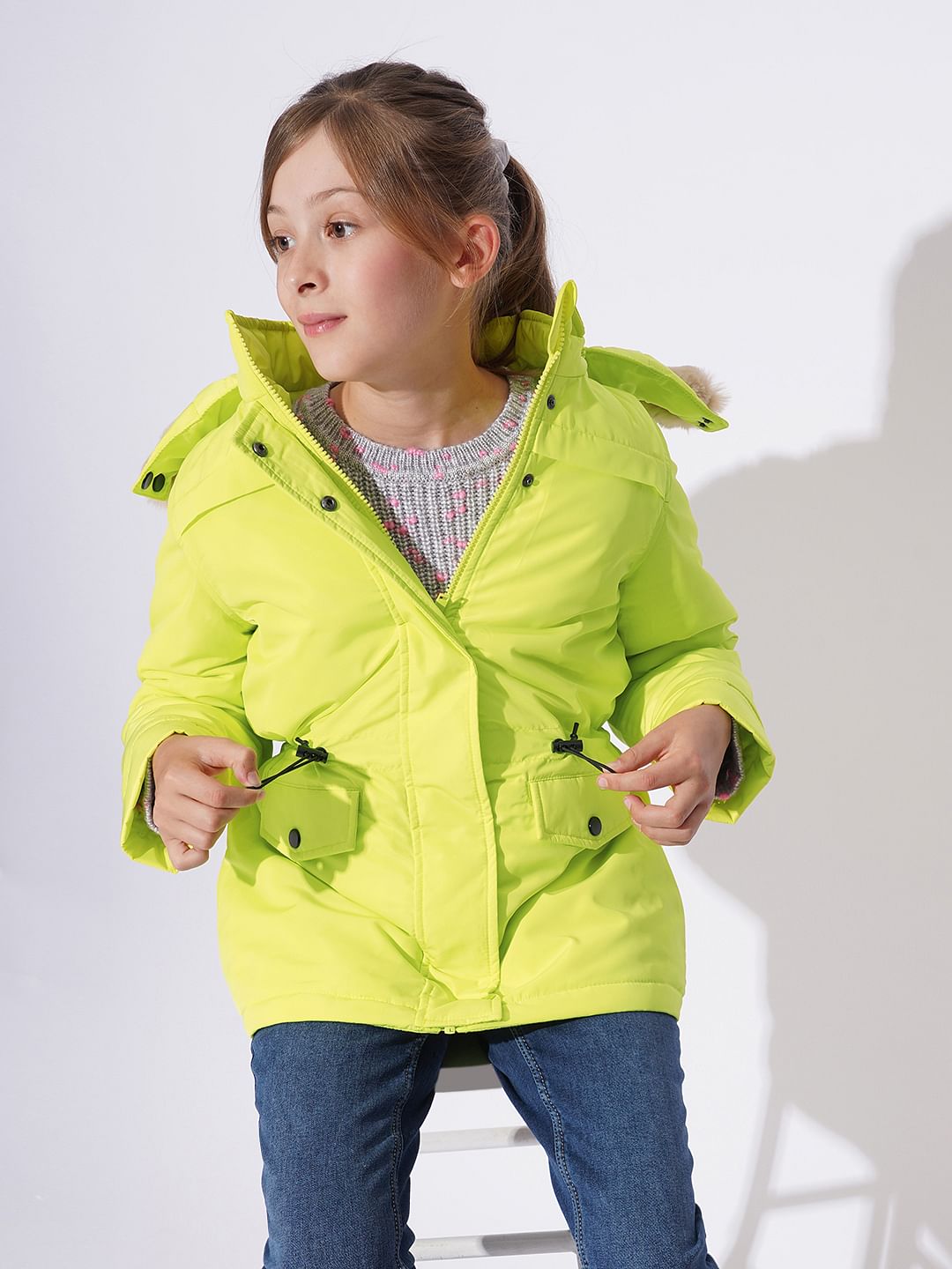 GIRLS YELLOW FUR HOODED PARKA JACKET