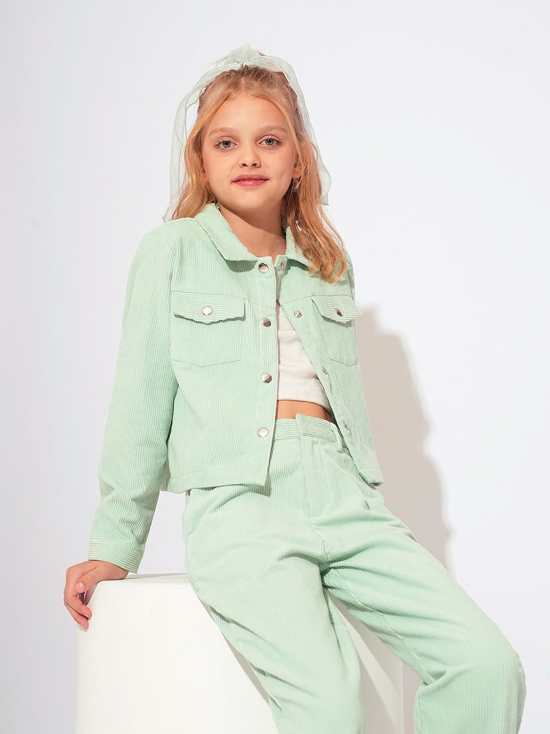 GIRLS LIGHT GREEN CORDUROY CO-ORD SET SHACKET