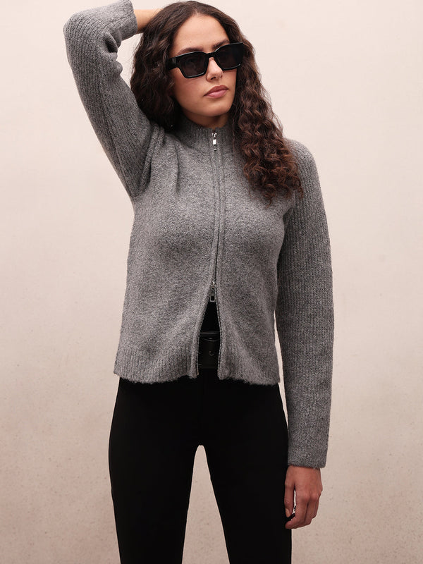 High Neck Zip Cardigan - Grey