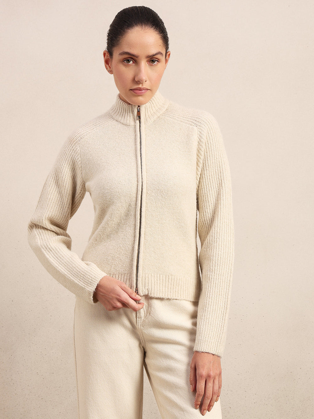 High Neck Zip Cardigan - Beige
